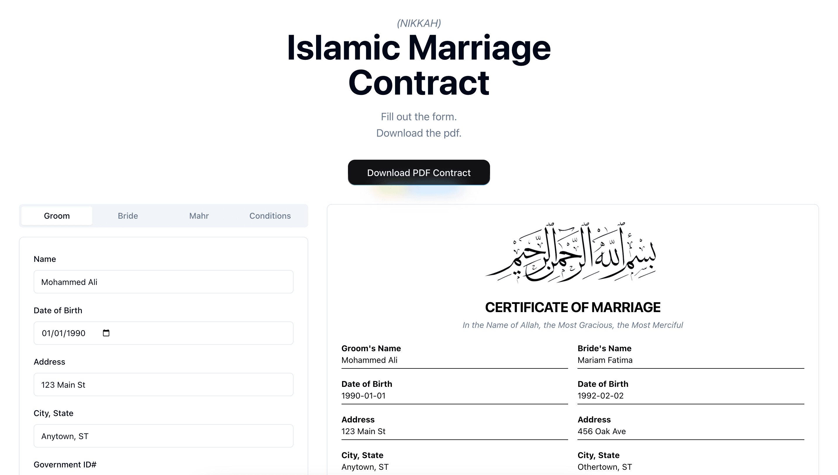 Free Nikah Contract PDF Template | Islamic Marriage Contract Generator